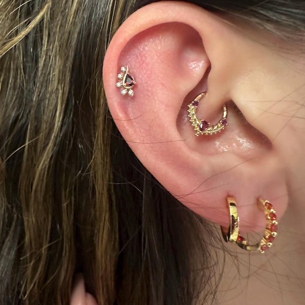 14K Solid Gold Dangle Triple Chain Moss Agate Cartilage Earring Helix ...