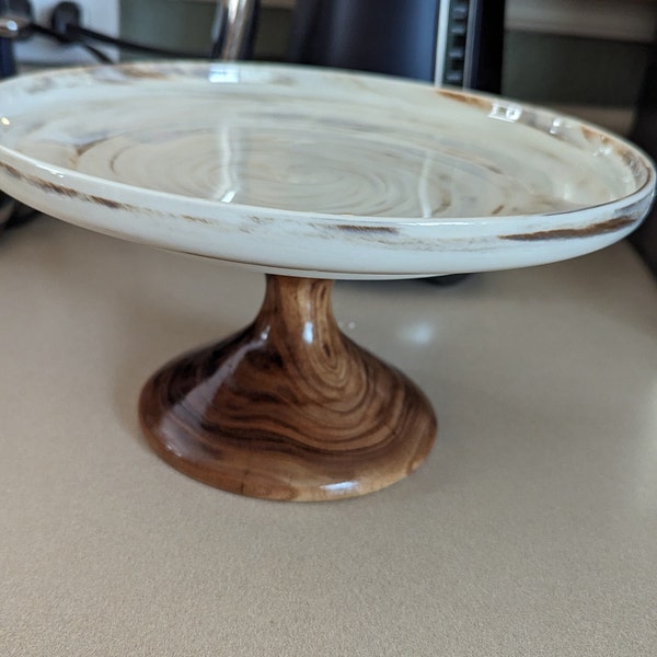 Red and White Decorative Ceramic and Hand Turned Wood Cake Stand Home ...