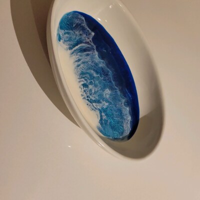 Wood Beach Tray Teal Blue Water Shells Shoreline Lacey White Waves ...