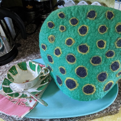 Large Wet Felted Tea Cosy Blue Fluffy Bobbles on White Unique Gift for ...