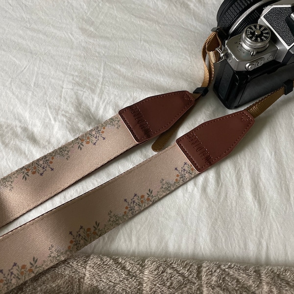 Flower Field Tan Camera Strap Design With Brown Vegan Leather ...