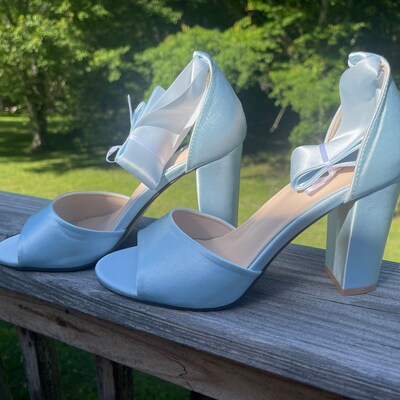 Light Blue Satin Block Heel Wedding Sandals With Wrapped Ribbon Tie ...
