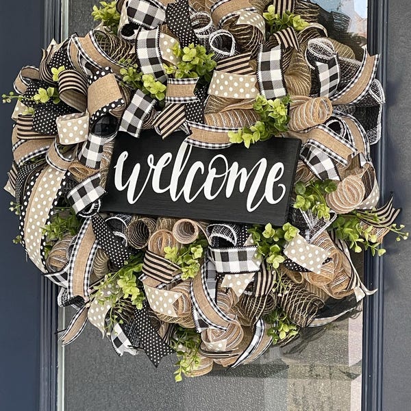 Farmhouse Welcome Wreath: Burlap & Buffalo Check Door Decor - Etsy