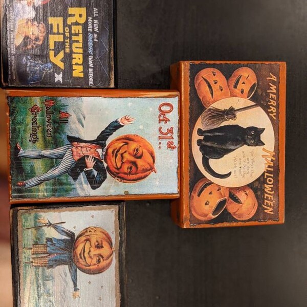 Vintage Halloween Horror Film Wood Block; Primitive Halloween ...