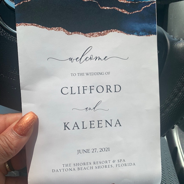Folded Wedding Program Template, Blue and Rose Gold Wedding Program ...