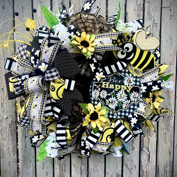8" Round Bee Happy Wreath Sign, Summer Wreath Sign, Personalize It by ...