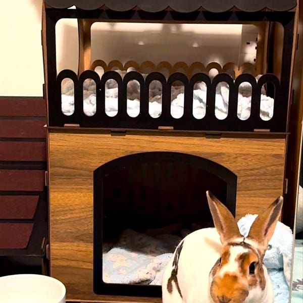 Wooden Rabbit House, Two Storey Rabbit Castle, Hay Feeder Bunny ...