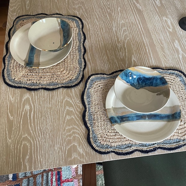 Rectangular Raffia Placemats With Blue Edges, Handmade Woven ...