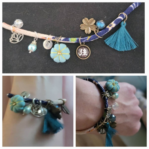 Dark Blue Japanese Bracelet Kimono Jewelry, Necklace HANA MORI White ...