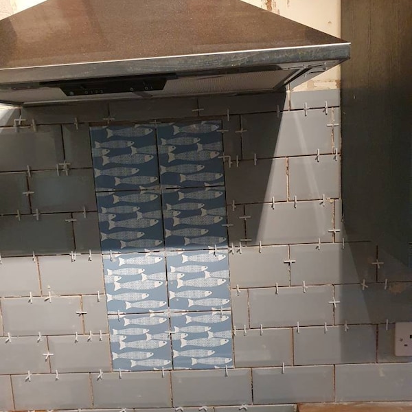 Shoal of Fish Ceramic Tile, Blue Grey Bathroom, Fish Decor, Bathroom ...