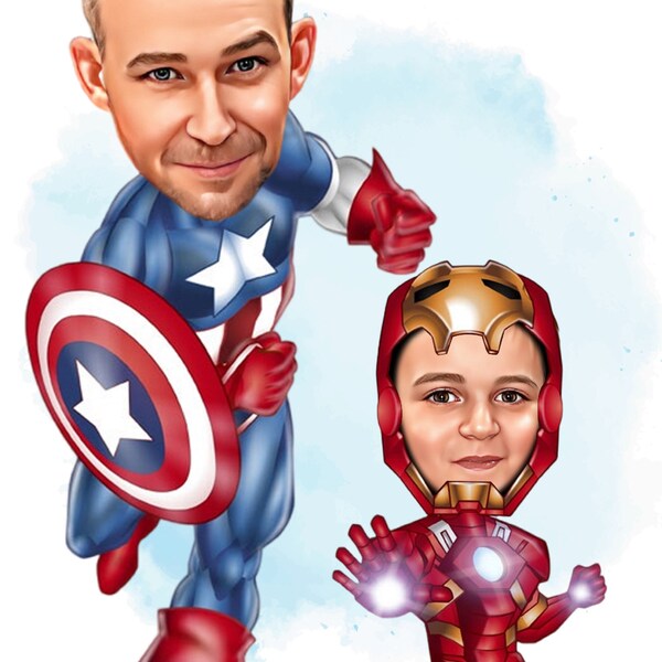 Custom Super Dad and Son Cartoon Portrait, Super Dad Portrait, Dad's ...