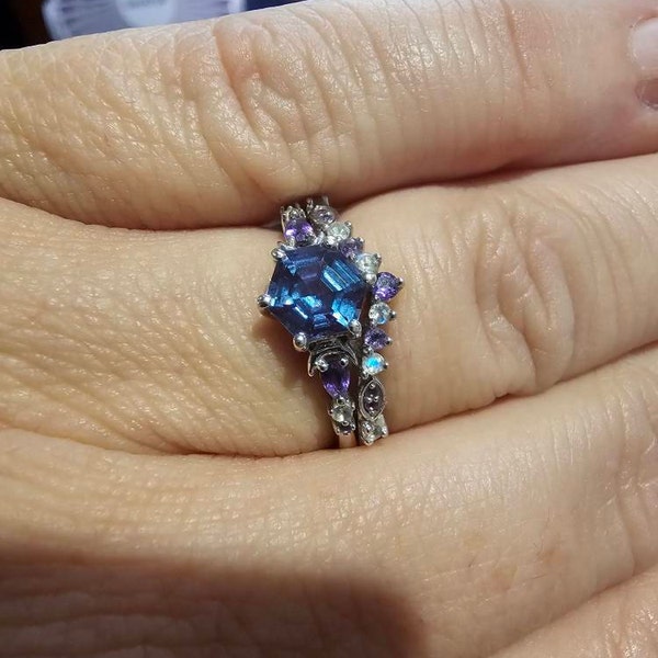 Cat Themed Engagement Ring Round Natural Black Onyx Wedding Ring Set ...