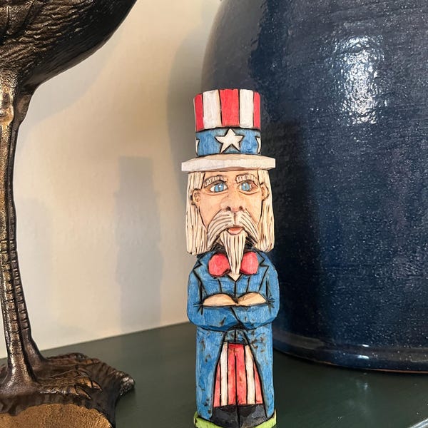 Hand-carved Folk Art Uncle Sam Basswood Figurine - Available in 2 Sizes ...