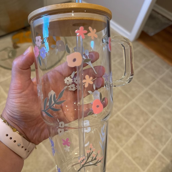 Flower Glass Cup, Large Glass With Handle, Trendy Cup With Lid and ...