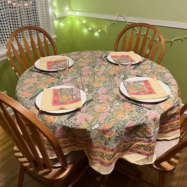 Burnt Orange, Tangerine With Green Floral Tablecloth, Indian Hand Block ...
