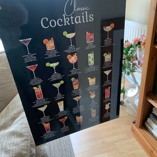 Classic Cocktail Metal Home Bar Sign Print on Black Chalkboard. 25 ...