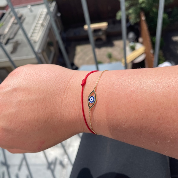14k or 18k Solid Gold Dainty Evil Eye Bracelet, Minimalist Enamel Eye ...