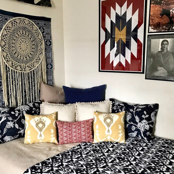 Aztec Print, Western Art Decor, Mexican Rug, Mexico, Tribal, Red Blue ...