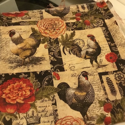 French Country Rooster Fabric Chickens Roses Farm France Fabric ...