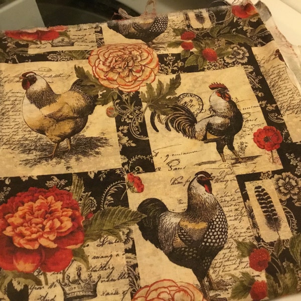 French Country Rooster Fabric - Chickens - Roses - Farm - France Fabric ...