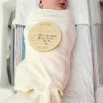 Baby Birth Announcement Wood Discs Milestone Card Hello World Sign ...