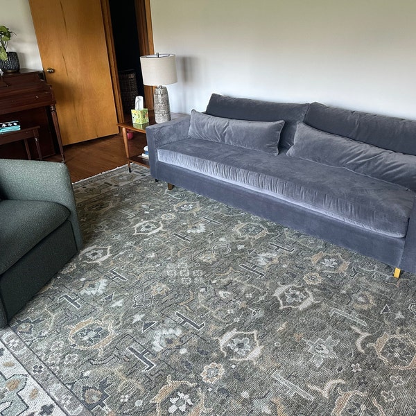 Olive Green Grey Persian Style Oushak, Modern Traditional Hand Knotted ...