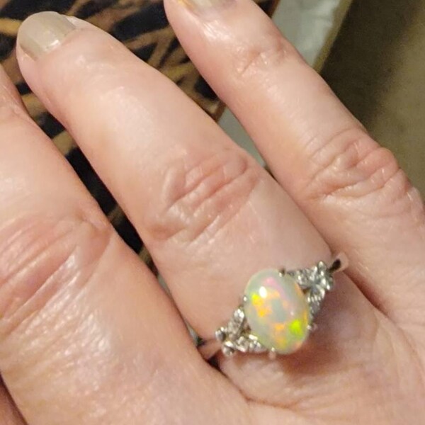 Lavender Purple Opal Ring, See Video for Colorful Fire! 8x10mm Lab Created Opal, 925 Sterling ...
