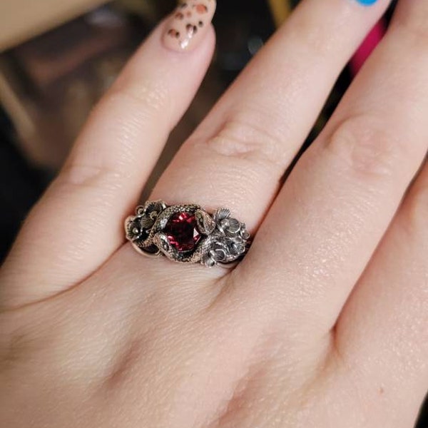 Garnet Snake and Flower Ring, Nature Inspired Ring, Magical Garden Ring ...
