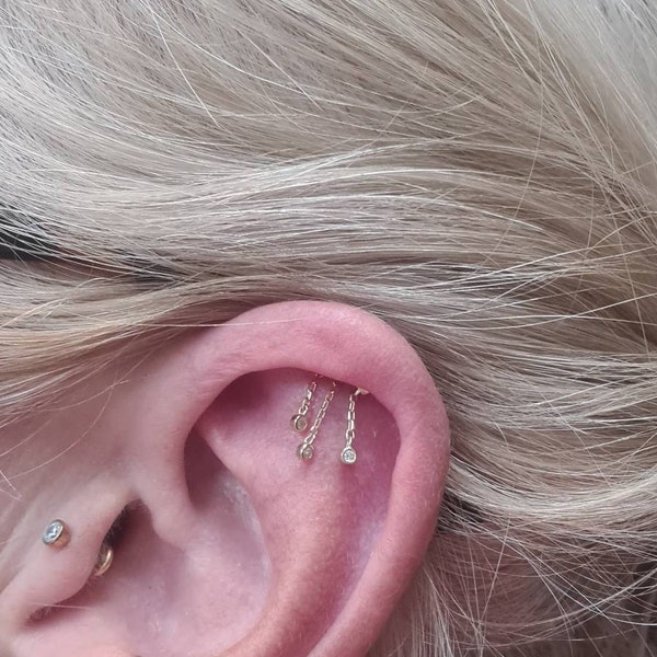 14k Solid Gold Bar Drape Chain Earring Cartilage Chain Piercing Helix ...