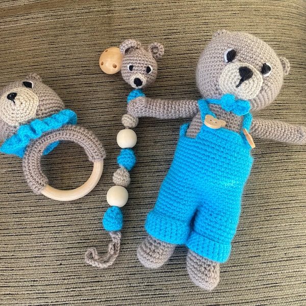Bear Crochet Pattern, Tutorial, Bear Crochet Bundle Pdf, Boy, Bear Pacifier Clip, Bear Rattle ...