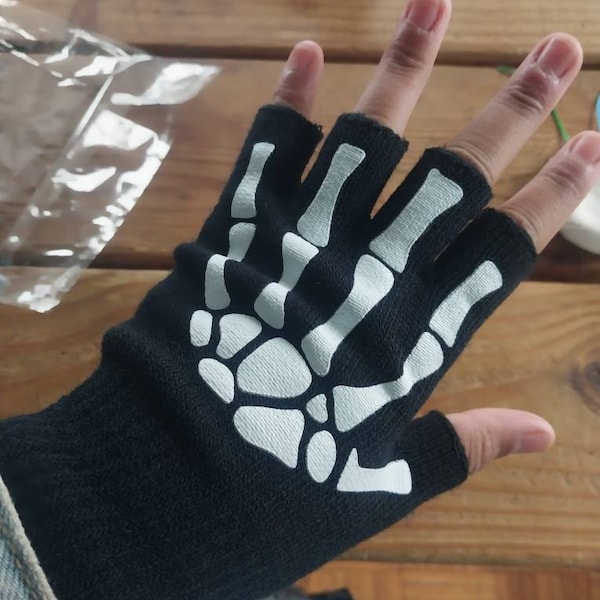 Skeleton Hand Bone Acrylic Emo Goth Spooky Fingerless Gloves ( Short ...