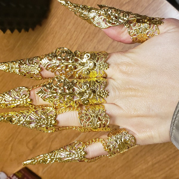 Full Armor Articulated Finger Claws Nails Ring Gold Set Style 2 ...