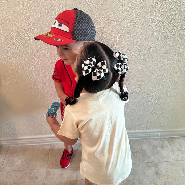 Racing Checker Flag Black and White Pigtail Hair Bow , Set of 2 ...