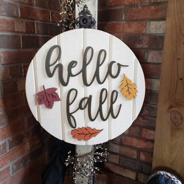 Hello Fall Door Sign, Fall Door Hanger, Autumn Fall Leaves, Rustic Wood ...