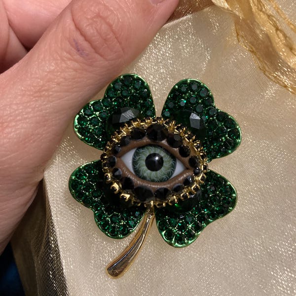 Rhinestone Shamrock Brooch: Lucky Green Eyeball Art Pin - Etsy