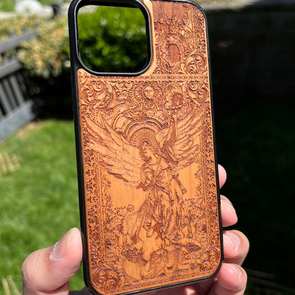Saint Michael Archangel Fighting Demon Wood Phone Case – Laser Engraved ...