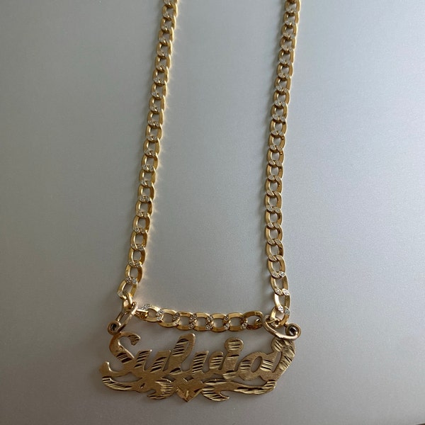 Solid Gold Heart Name Necklace Nameplate Diamond Cut 14k Solid Gold