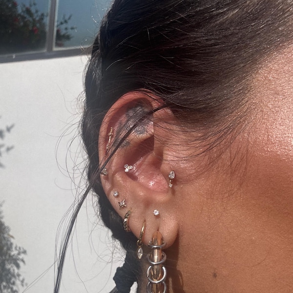 14K Solid Gold Diamond Rook Helix Hoop Earring, Gold Diamond Tragus ...