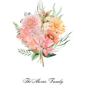 Family Birth Flower Bouquet, Custom Flower Art, Vintage Floral Family ...