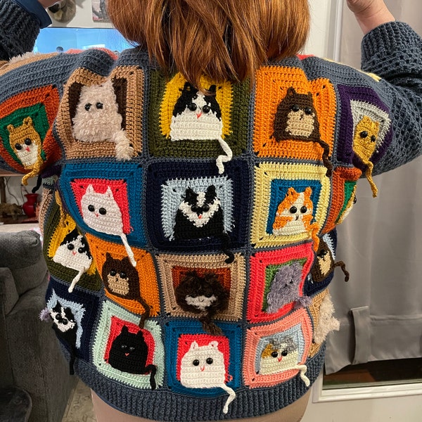 Cat Crochet Cropped Cardigan: Handmade Granny Square Knit Jacket - Etsy