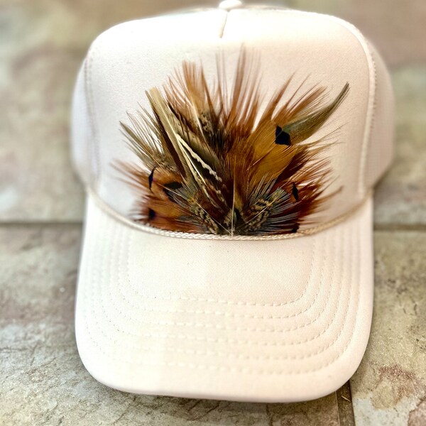 Cream Feathered Trucker, Feather Trucker Hat, Cowgirl Hat, Feather Hat ...