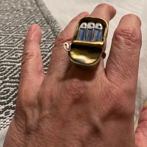 SARDINE CAN Ring, Brass Flashy Ring, Contemporary Ring, Porcelain ...