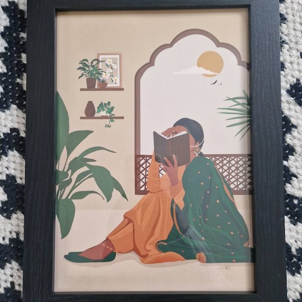 Indian Women in Suit Reading Book Art, Indian Art, Desi Art, Indian ...