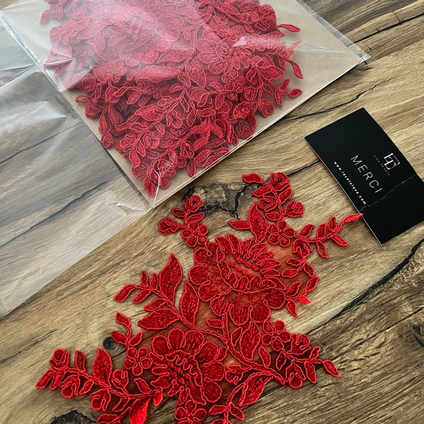 Red Applique, French Chantilly Lace Applique, 3D Bridal Lace Applique ...