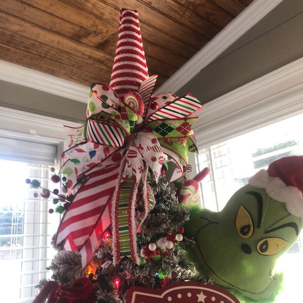 Whimsical Christmas Tree Topper, Elf Hat, Tree Topper, Grinch Themed ...