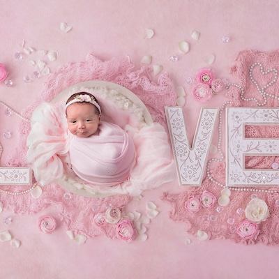 Newborn Digital Backdrop for Girls Little White Pram, Shot on a Mauve ...