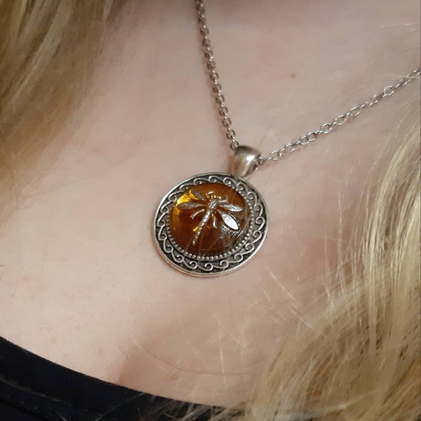 Dragonfly in Amber czech Glass Bronze Label Pin or Tie Tack Sassenach ...