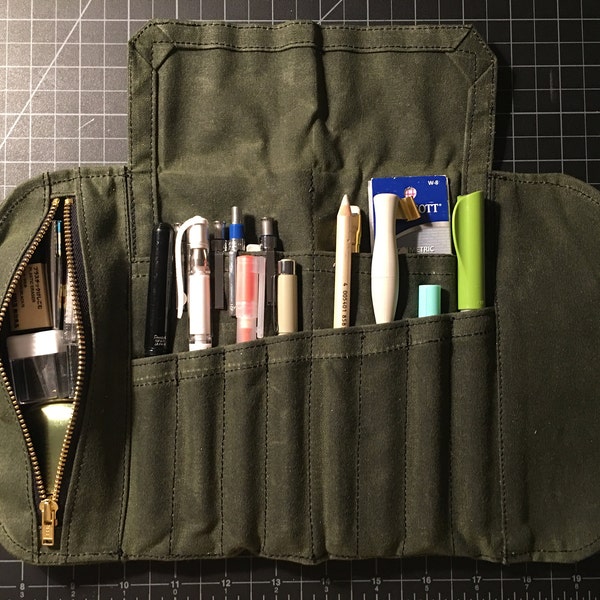 Roll up Mini Pencil Case, Pen Roll, Waxed Canvas and Leather, 12 ...