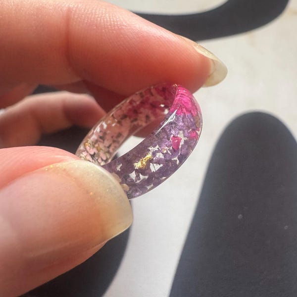 Pink Resin Ring With Pressed Flowers and Gold/silver/copper Flakes ...