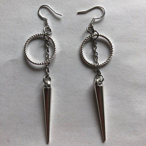DANGEROUS - Circle Spike and Chain Earrings, Silver Circle, Geometric ...